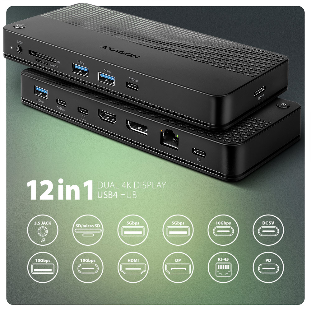 HMC-U4 USB4 40Gbps DUAL 4K DISPLAY 12in1 dock | Axagon