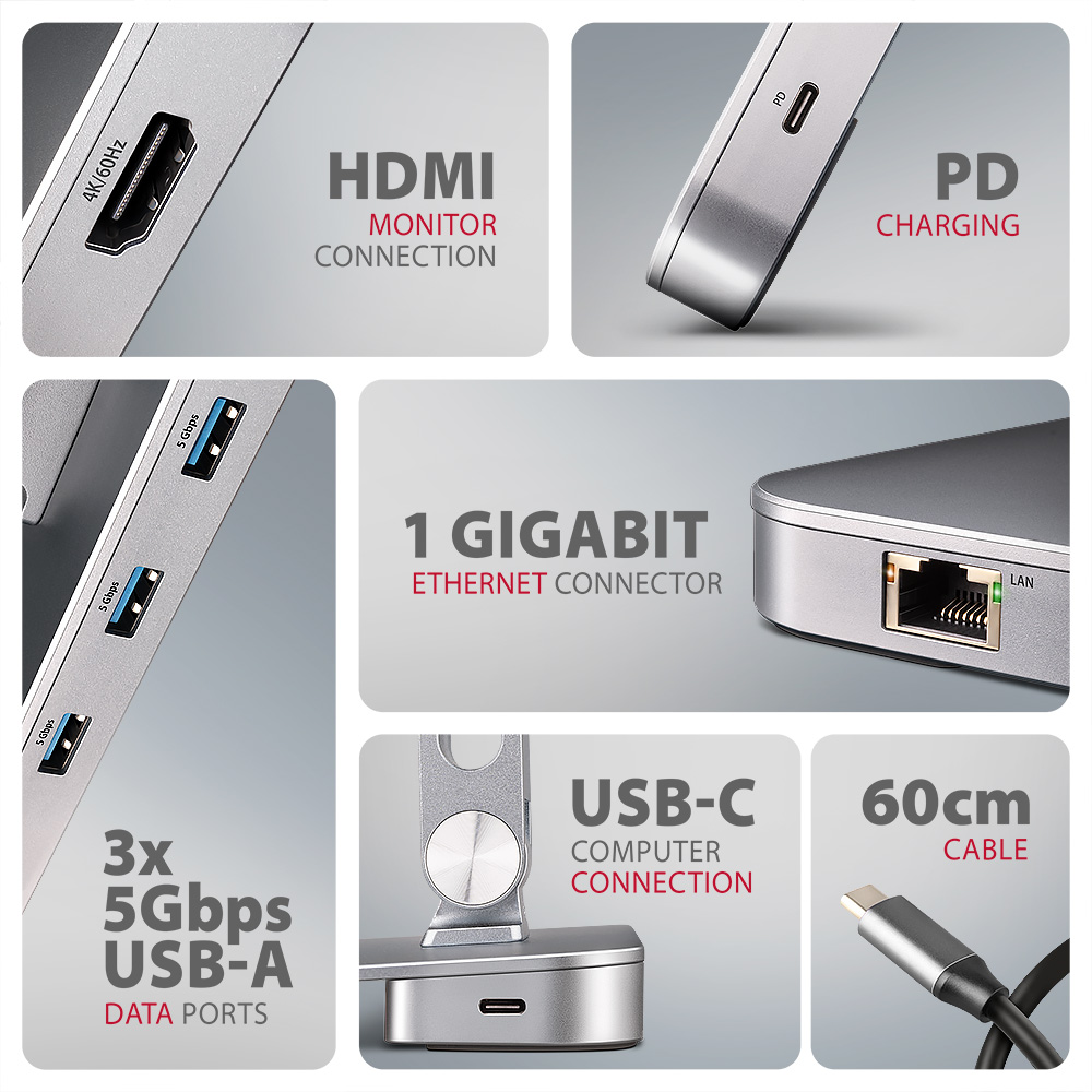 HMC-STND USB-C 5Gbps ALUMINUM STAND & HUB 7in1 | Axagon